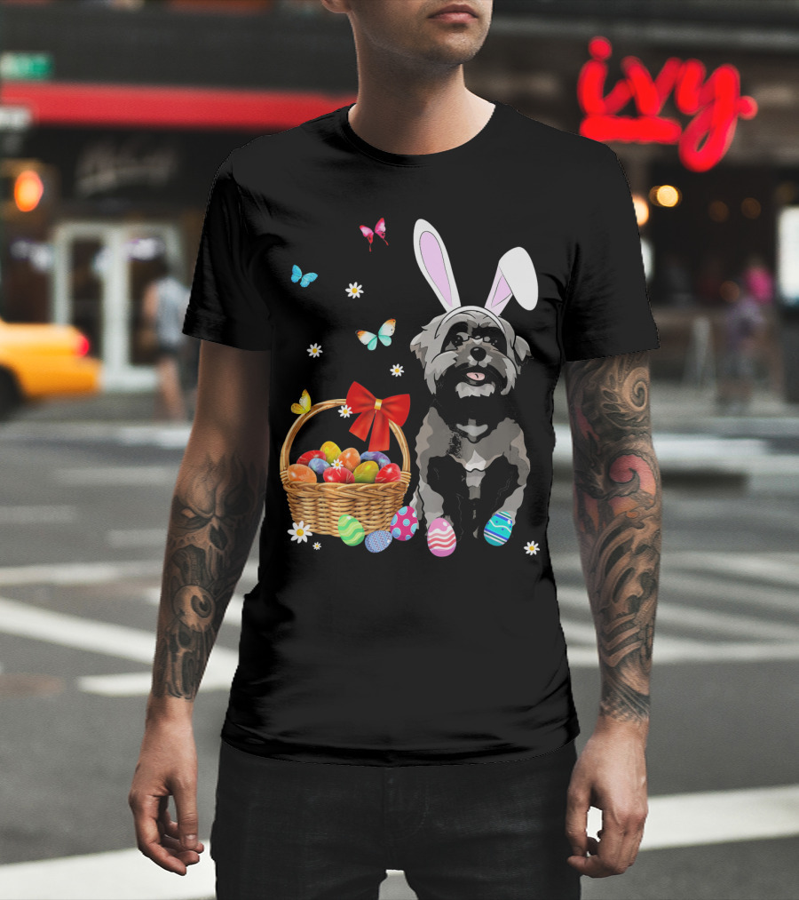 Shih Tzu With Bunny Ears And Easter Egg Basket With Butterflies And Flowers T-Shirt