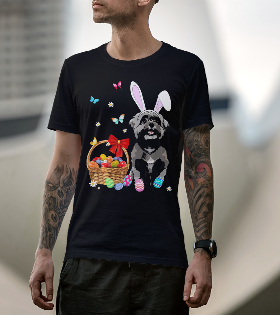Shih Tzu With Bunny Ears And Easter Egg Basket With Butterflies And Flowers T-Shirt