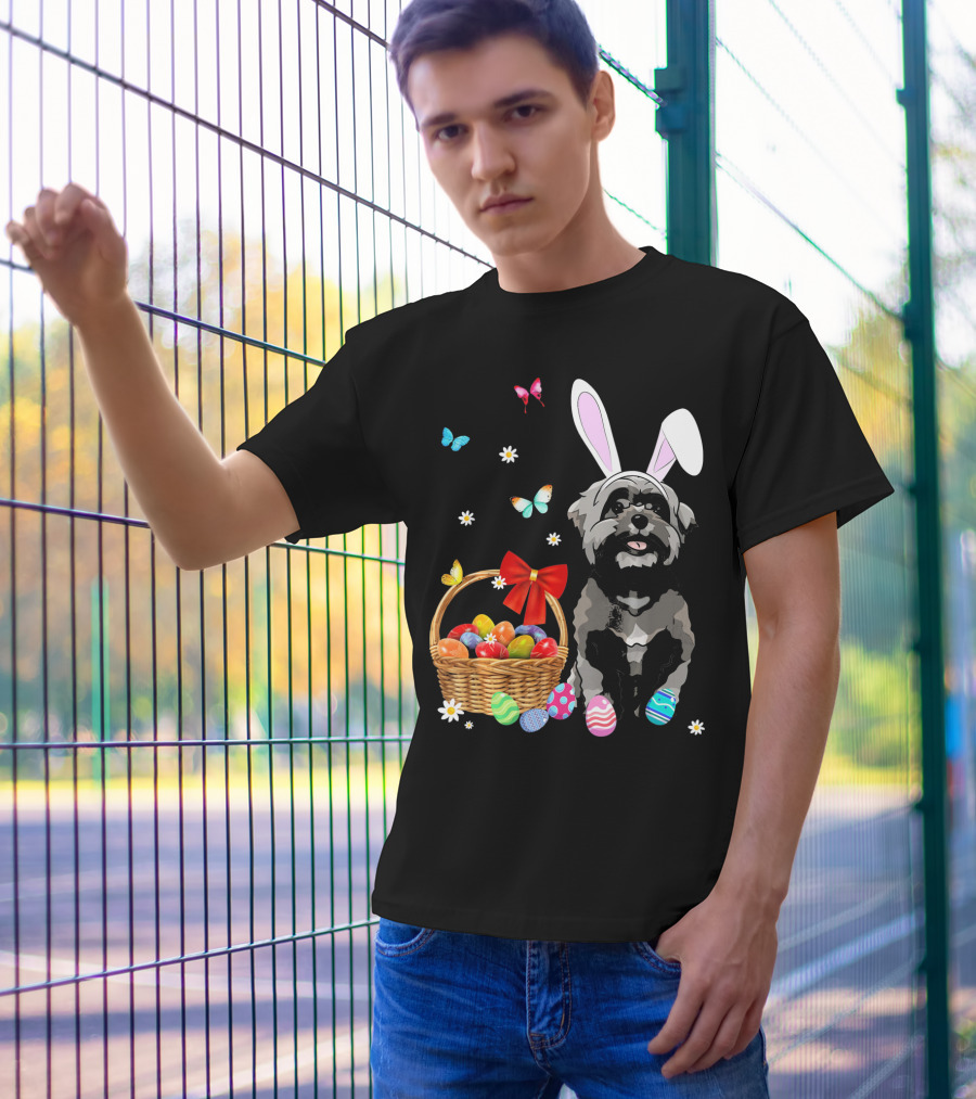 Shih Tzu With Bunny Ears And Easter Egg Basket With Butterflies And Flowers T-Shirt