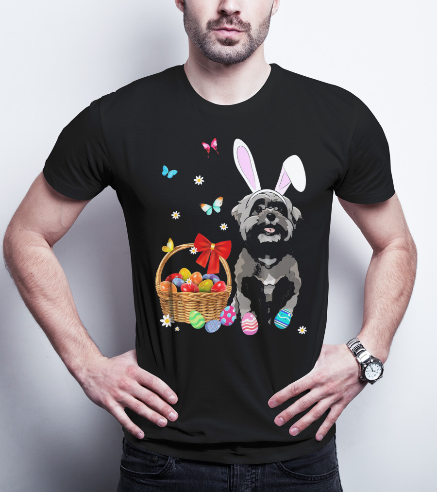 Shih Tzu With Bunny Ears And Easter Egg Basket With Butterflies And Flowers T-Shirt