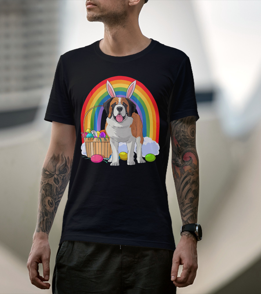 Saint Bernard Bunny Dog With Easter Eggs And Rainbow T-Shirt