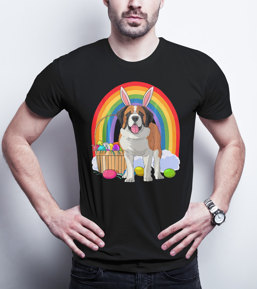 Saint Bernard Bunny Dog With Easter Eggs And Rainbow T-Shirt