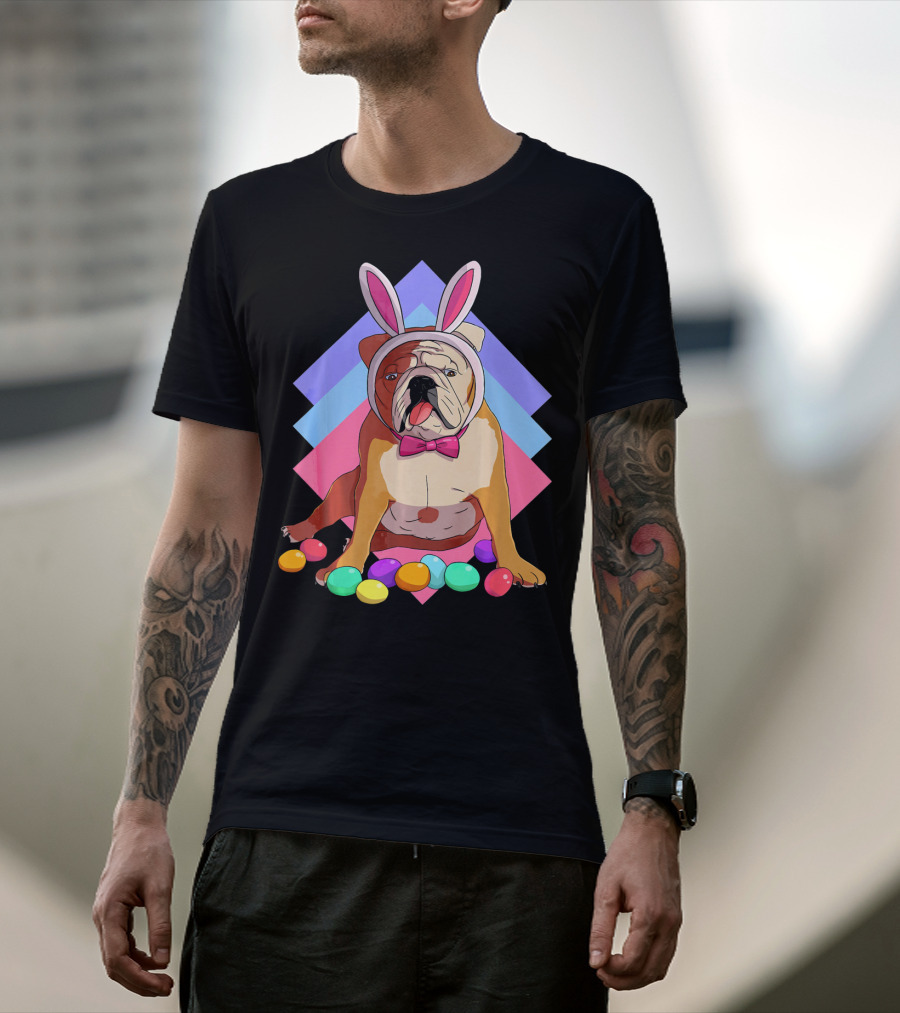 Easter Eggs Bulldog With Bunny Ears And Bowtie T-Shirt