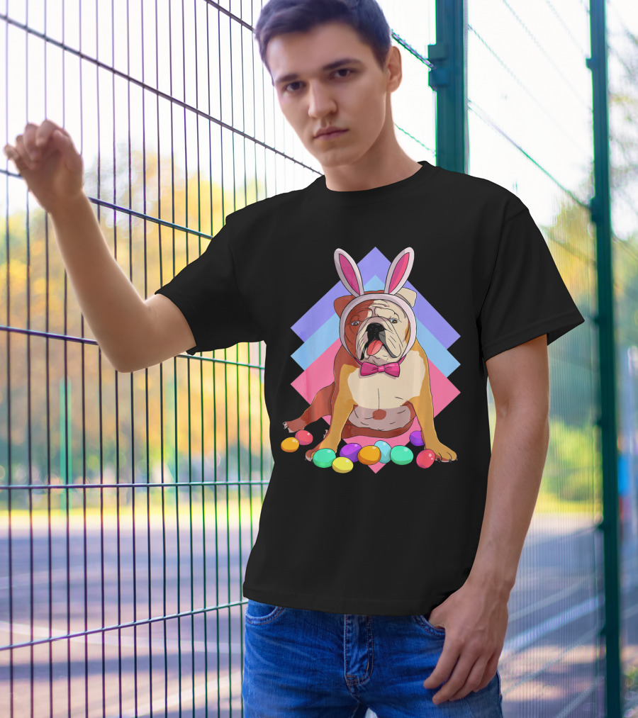 Easter Eggs Bulldog With Bunny Ears And Bowtie T-Shirt