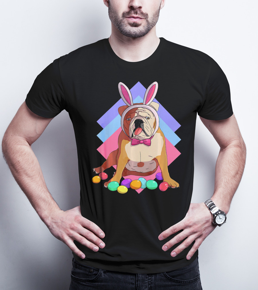 Easter Eggs Bulldog With Bunny Ears And Bowtie T-Shirt