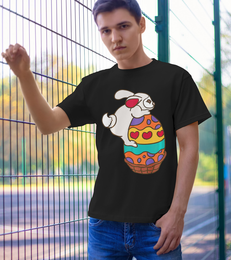 Easter Bunny Hugging Colorful Heart Patterned Egg T-Shirt