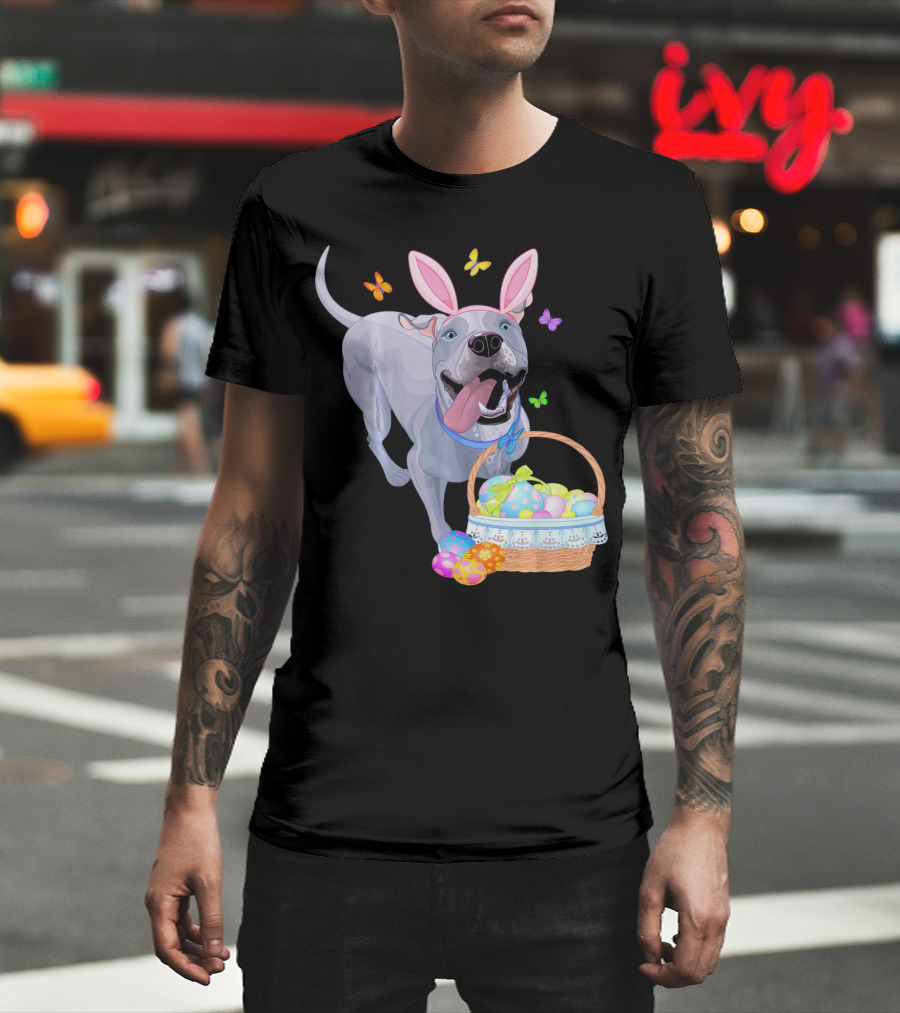 Gray Pit Bull Puppy With Bunny Ears And Easter Basket T-Shirt