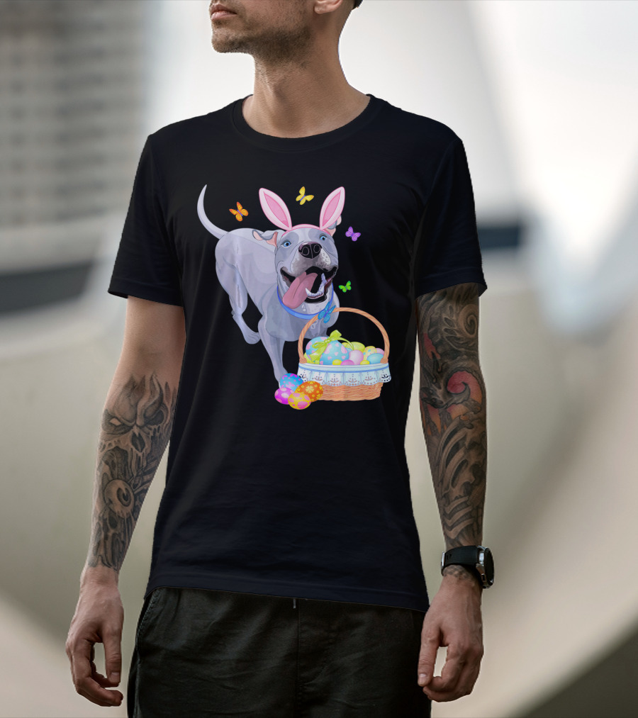 Gray Pit Bull Puppy With Bunny Ears And Easter Basket T-Shirt
