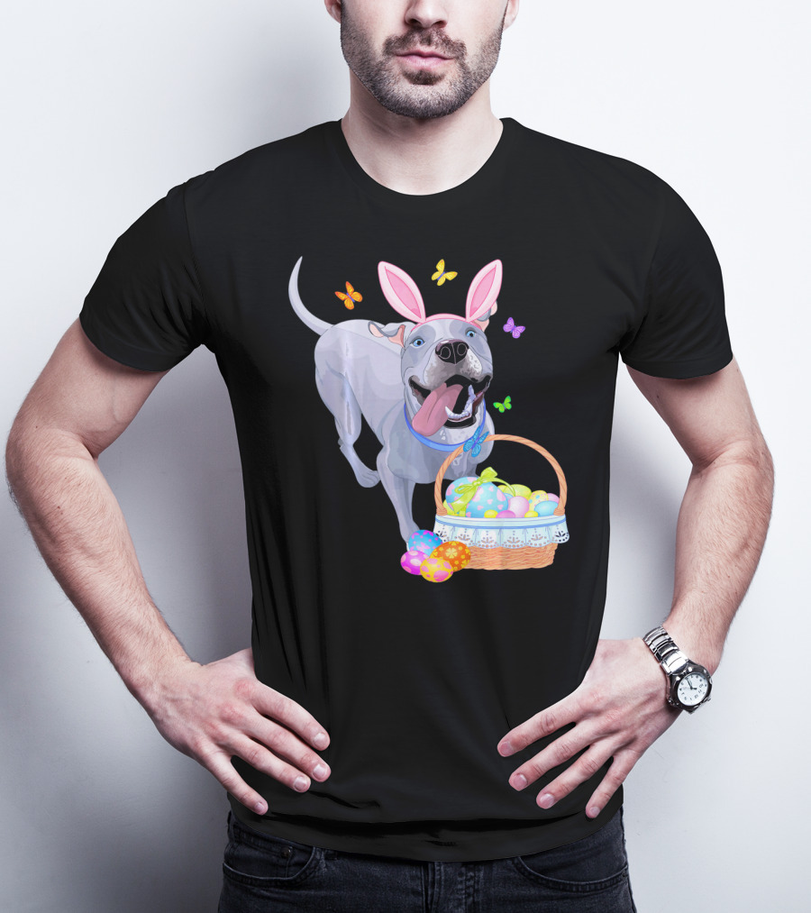Gray Pit Bull Puppy With Bunny Ears And Easter Basket T-Shirt