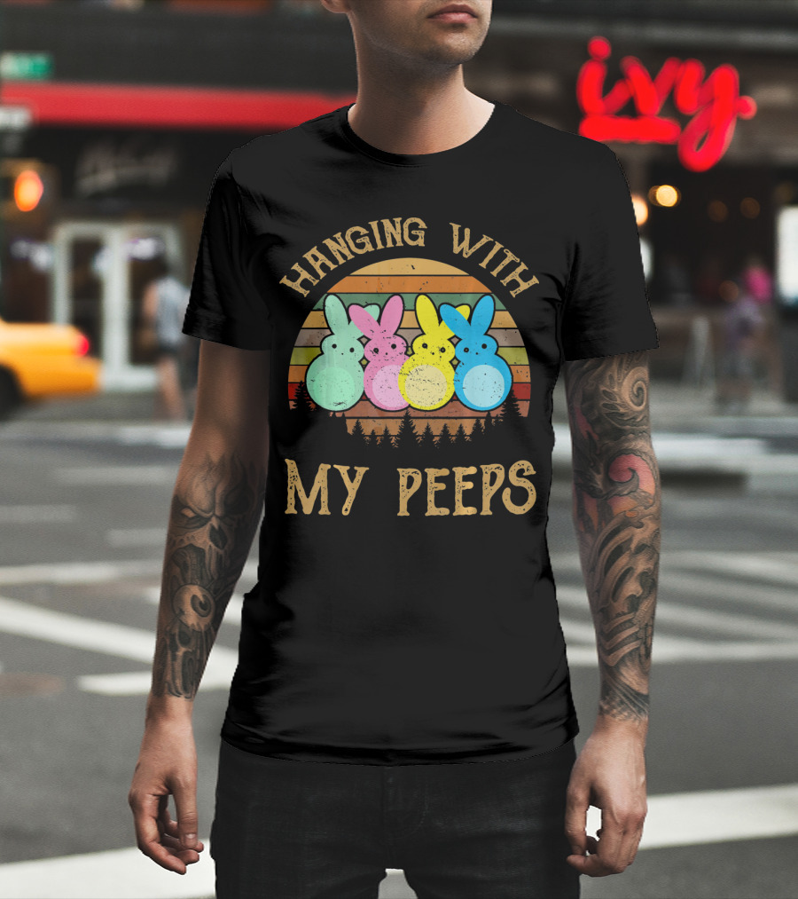 Hanging With My Peeps Vintage Easter Bunnies Retro Sunset T-Shirt
