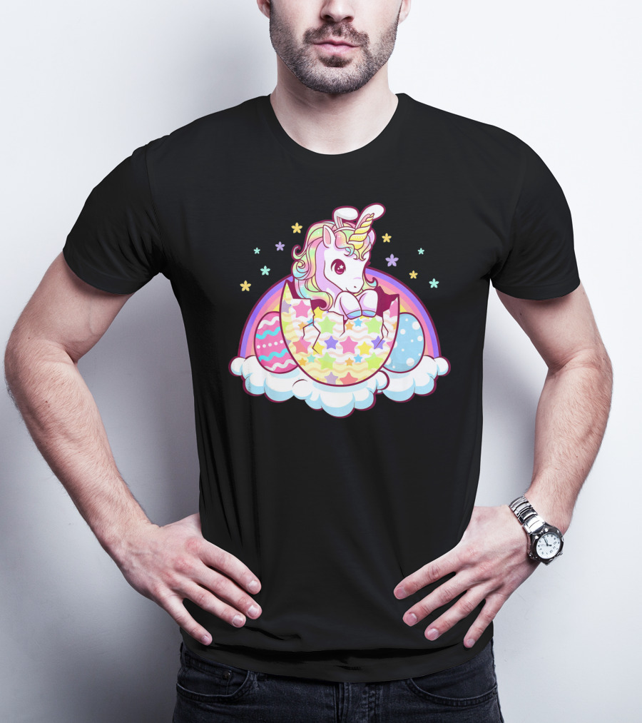 Easter Unicorn Hatching From Egg With Rainbow And Stars T-Shirt