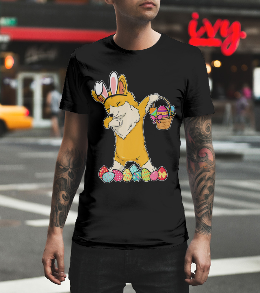 Corgi Dabbing Easter Basket Bunny Ears Eggs T-Shirt