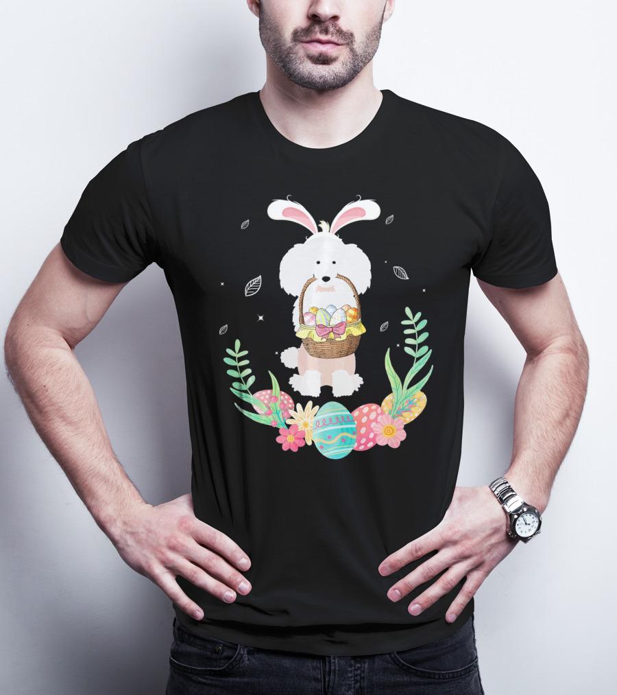 Poodle Bunny Ears Easter Egg Basket Spring Leaves T-Shirt