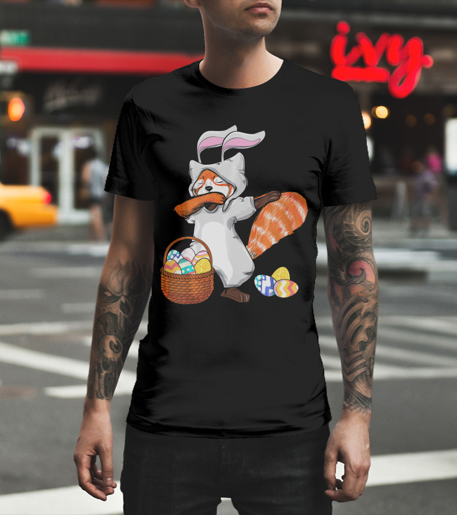 Dabbing Easter Bunny Red Panda With Basket Of Colorful Eggs T-Shirt