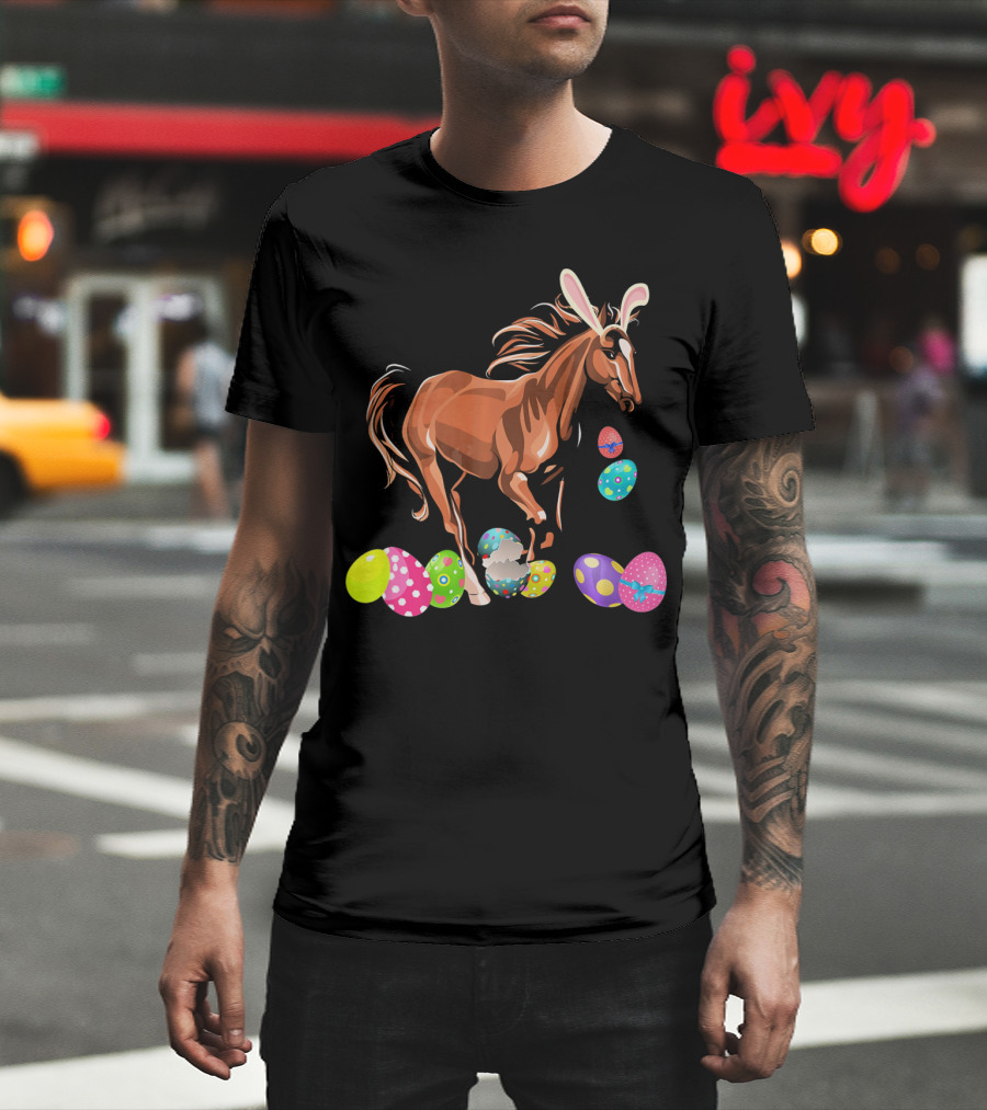 Horse With Bunny Ears Among Colorful Easter Eggs T-Shirt