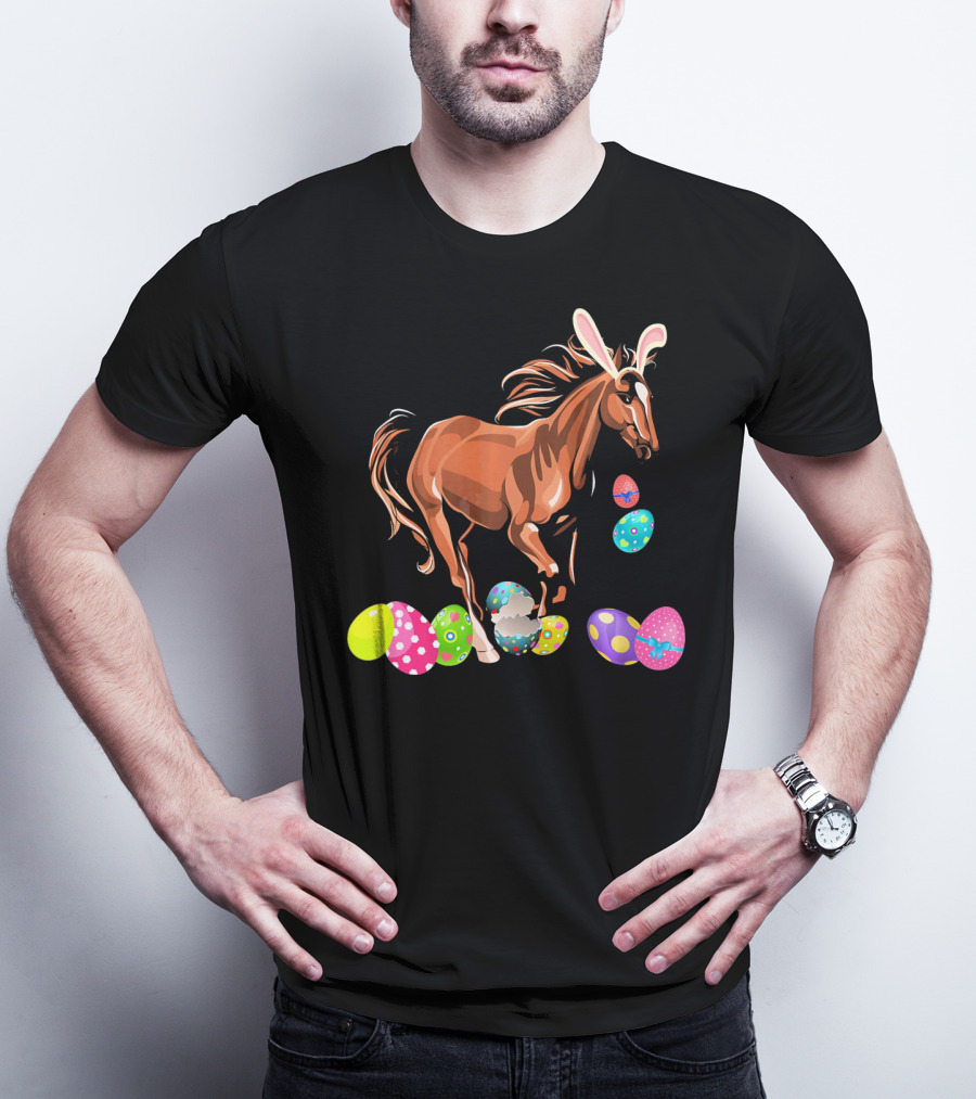 Horse With Bunny Ears Among Colorful Easter Eggs T-Shirt