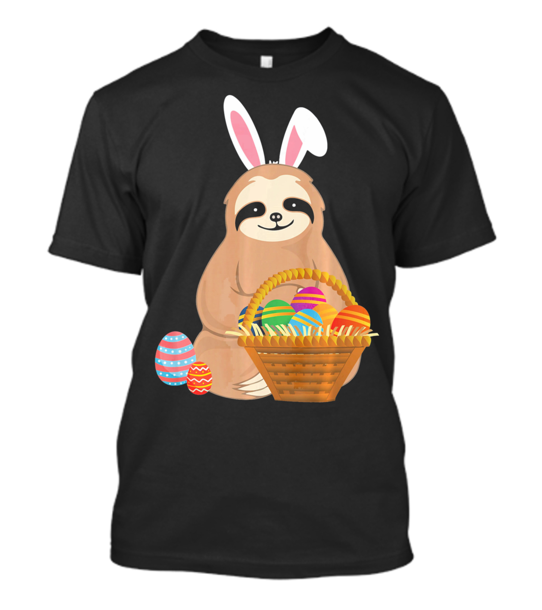 Easter Sloth Bunny With Colorful Eggs Basket T-Shirt
