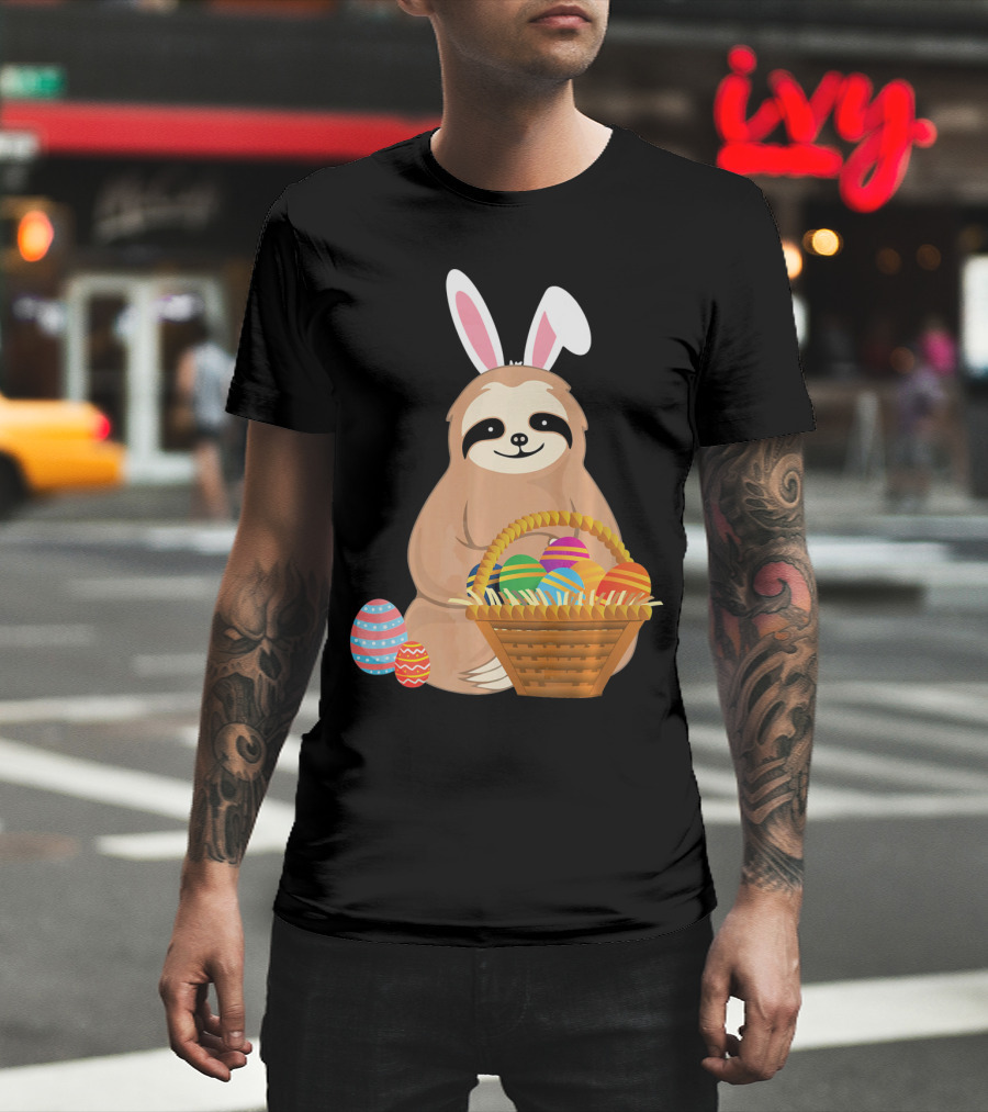 Easter Sloth Bunny With Colorful Eggs Basket T-Shirt