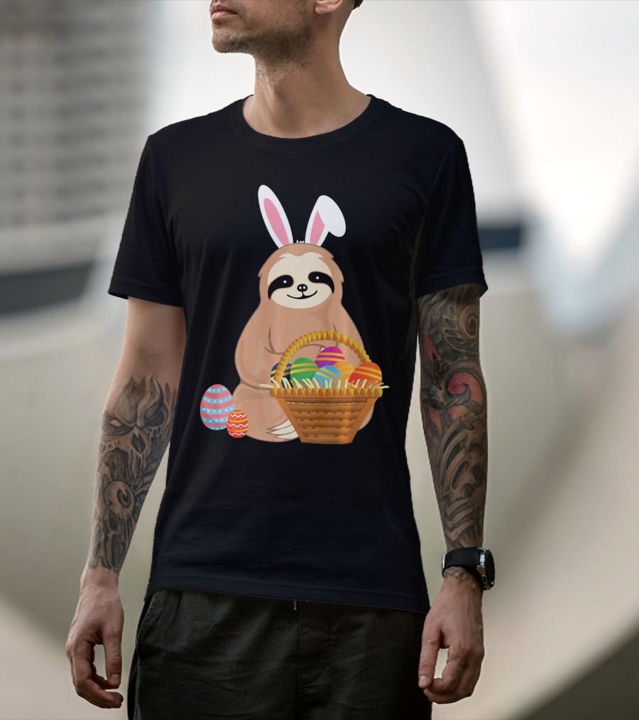 Easter Sloth Bunny With Colorful Eggs Basket T-Shirt