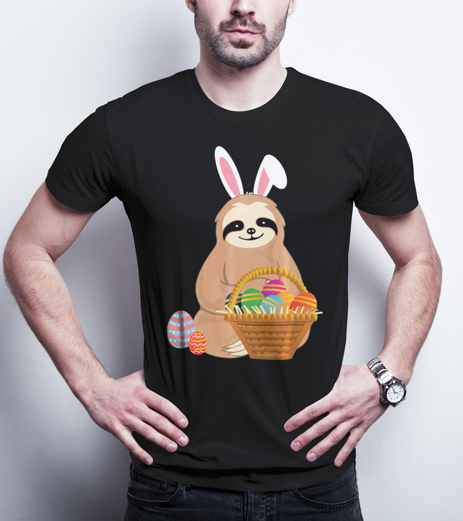 Easter Sloth Bunny With Colorful Eggs Basket T-Shirt