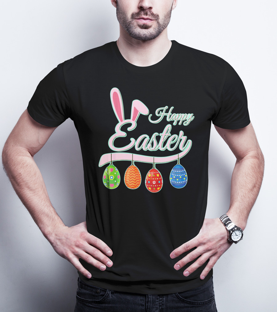 Happy Easter Bunny Ears Hanging Colorful Eggs T-Shirt