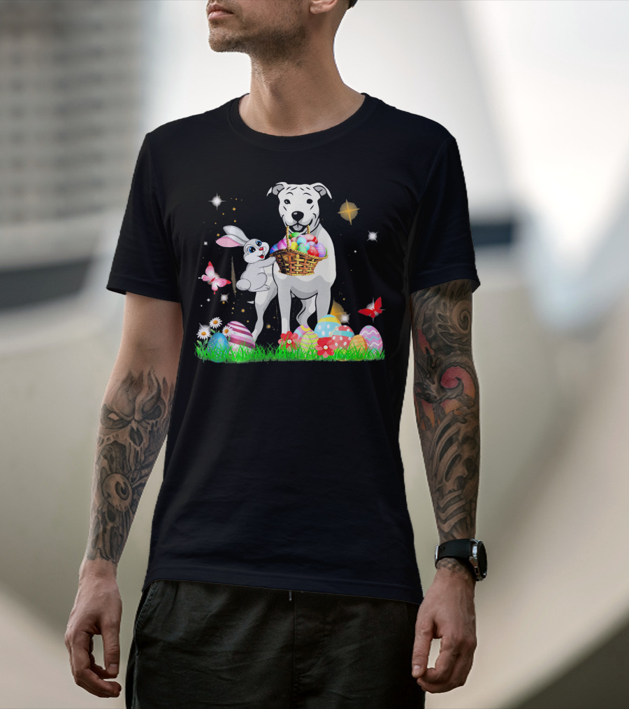 Easter Day Dogo Argentino With Bunny Basket Of Eggs And Butterflies T-Shirt