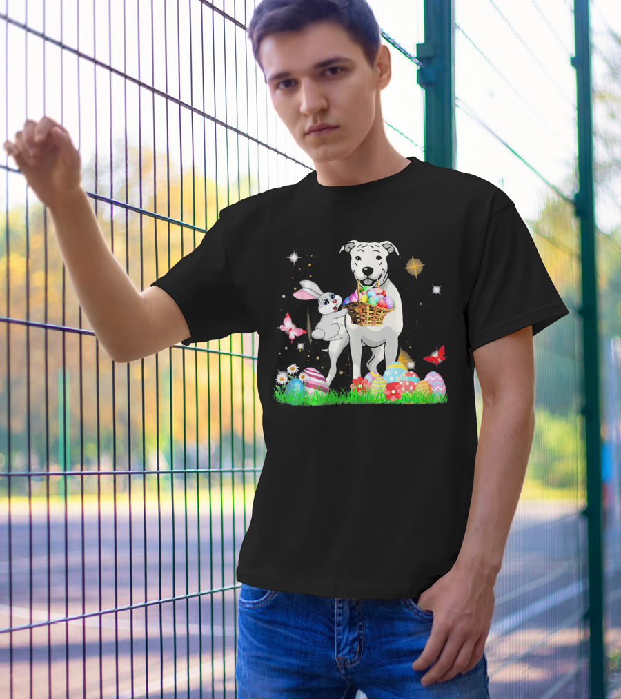 Easter Day Dogo Argentino With Bunny Basket Of Eggs And Butterflies T-Shirt