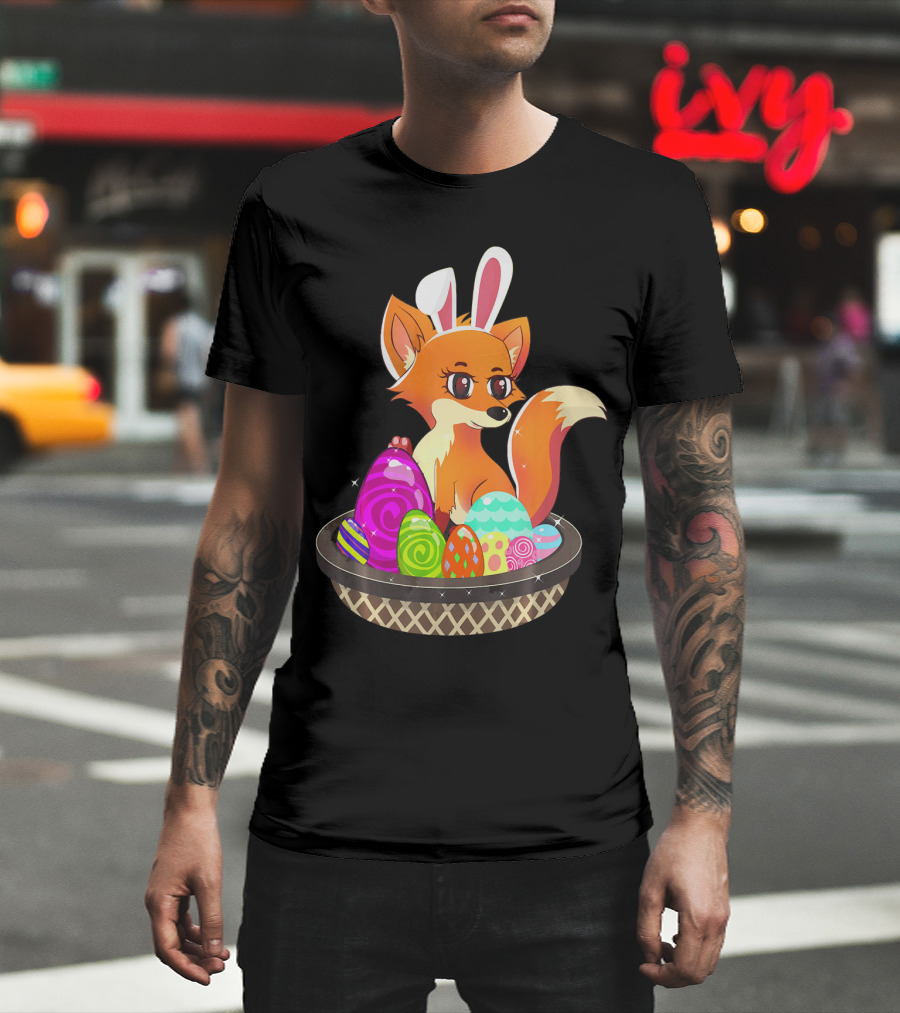Easter Foxy Fox With Bunny Ears In Basket Of Colorful Eggs T-Shirt