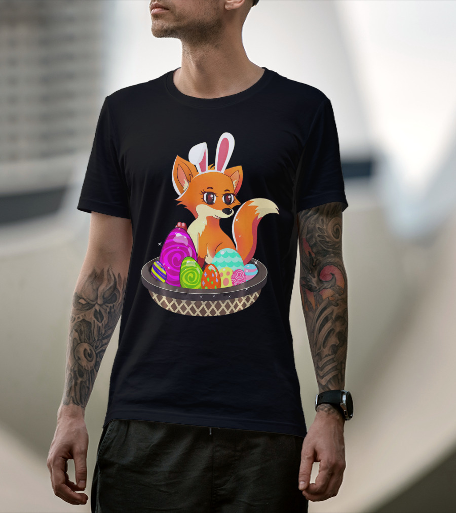 Easter Foxy Fox With Bunny Ears In Basket Of Colorful Eggs T-Shirt
