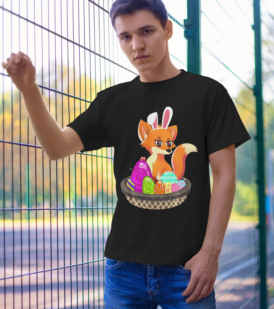 Easter Foxy Fox With Bunny Ears In Basket Of Colorful Eggs T-Shirt