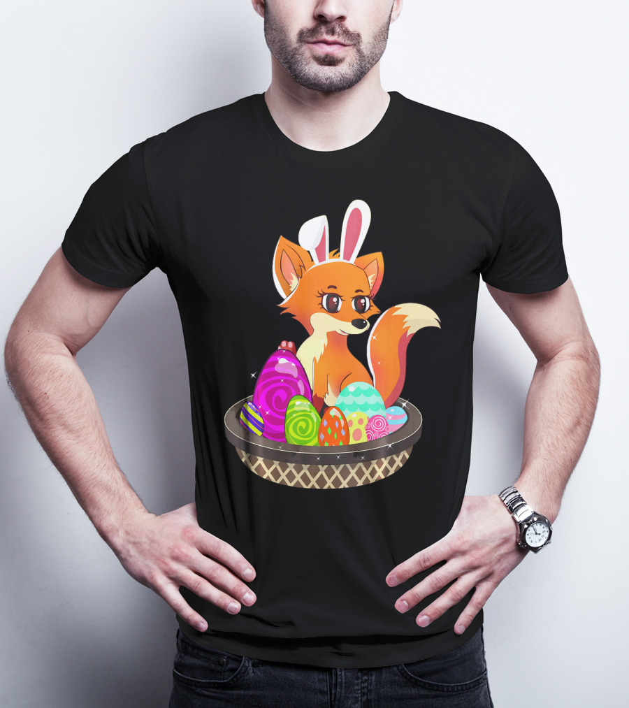 Easter Foxy Fox With Bunny Ears In Basket Of Colorful Eggs T-Shirt