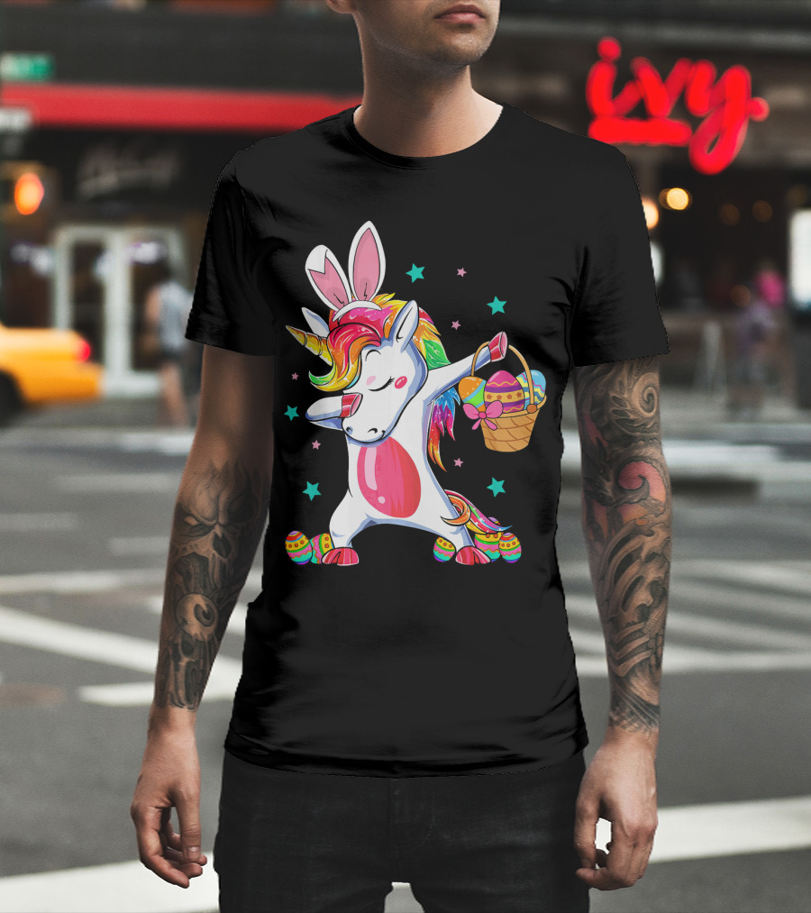 Dabbing Bunny Unicorn With Easter Basket And Eggs Funny Easter Day T-Shirt