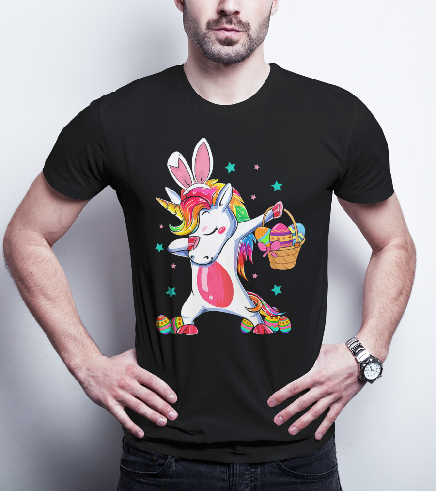 Dabbing Bunny Unicorn With Easter Basket And Eggs Funny Easter Day T-Shirt