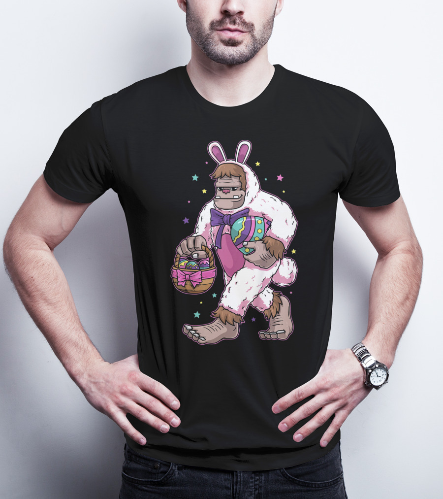 Kids Easter Bunny Bigfoot Sasquatch Basket Eggs Stars T-Shirt
