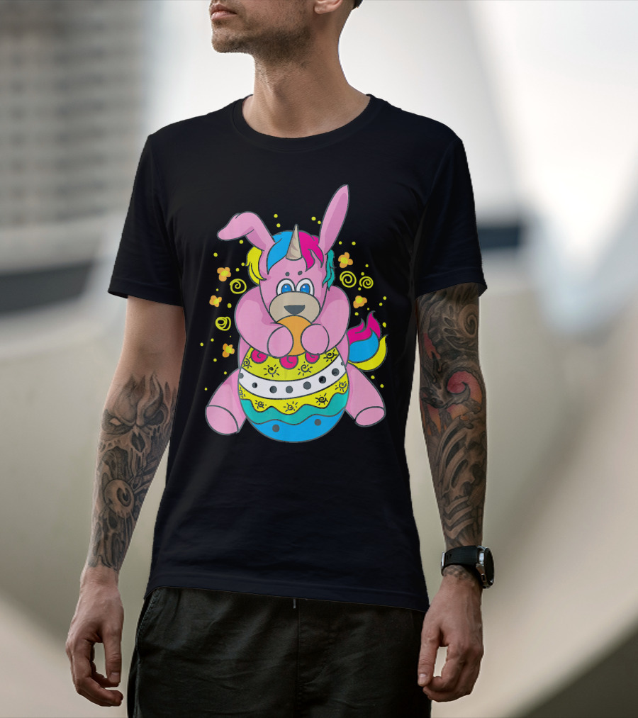 Bunny Unicorn Holding Easter Egg Surrounded By Flowers And Swirls T-Shirt