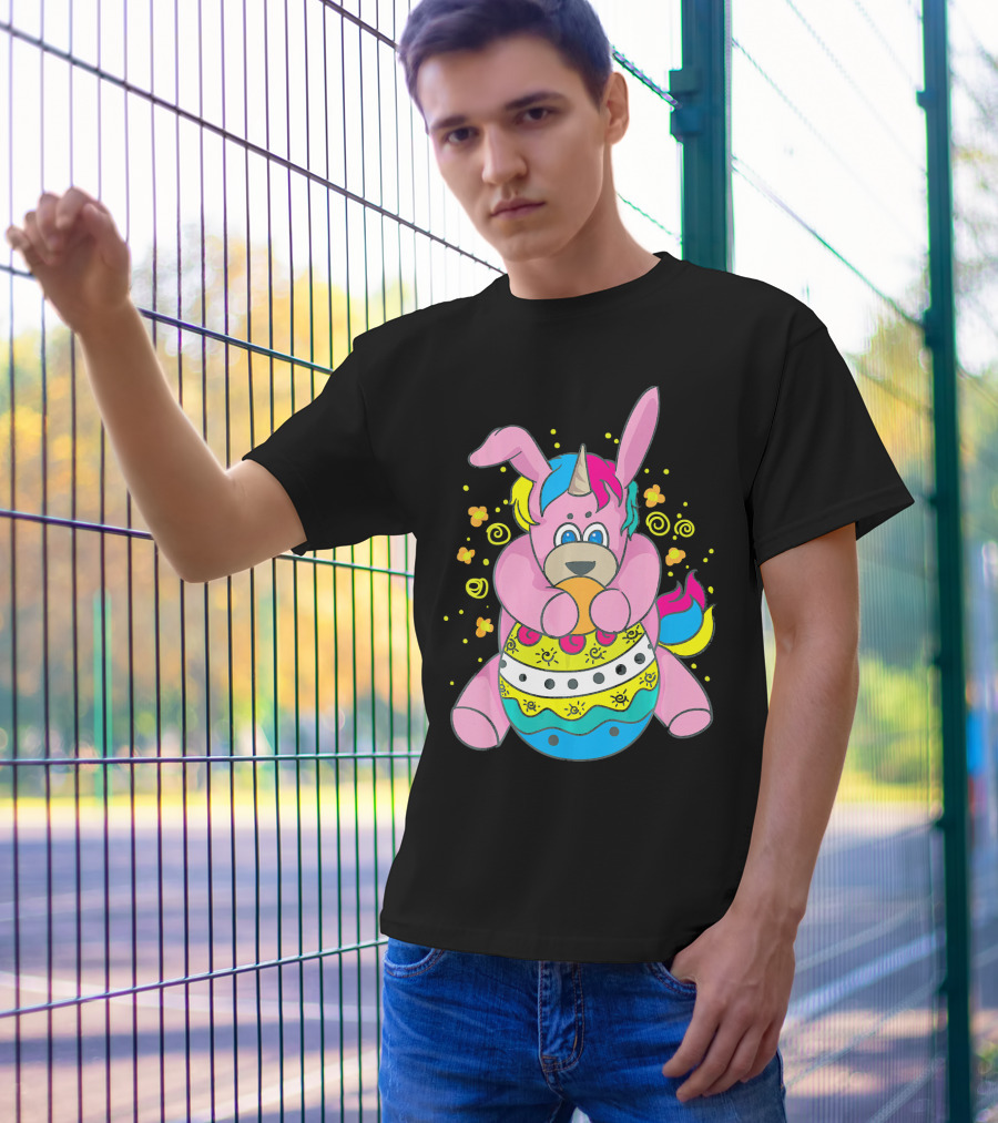 Bunny Unicorn Holding Easter Egg Surrounded By Flowers And Swirls T-Shirt
