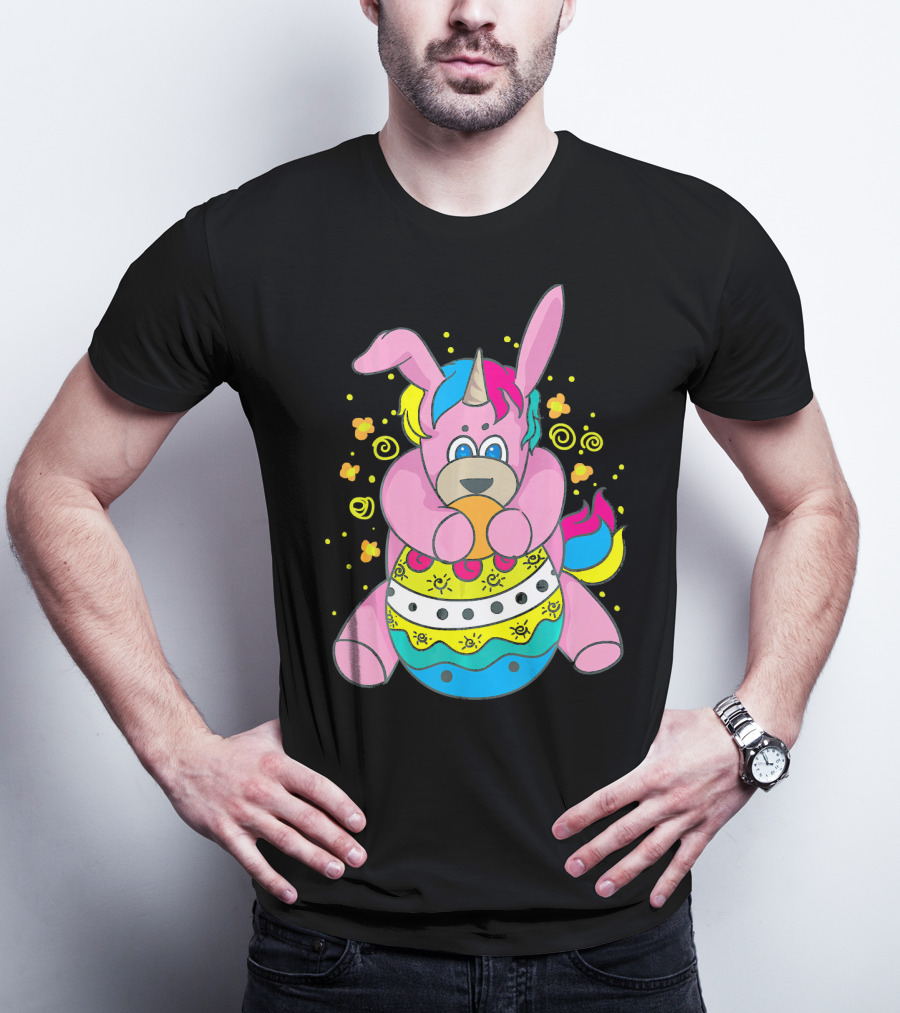 Bunny Unicorn Holding Easter Egg Surrounded By Flowers And Swirls T-Shirt