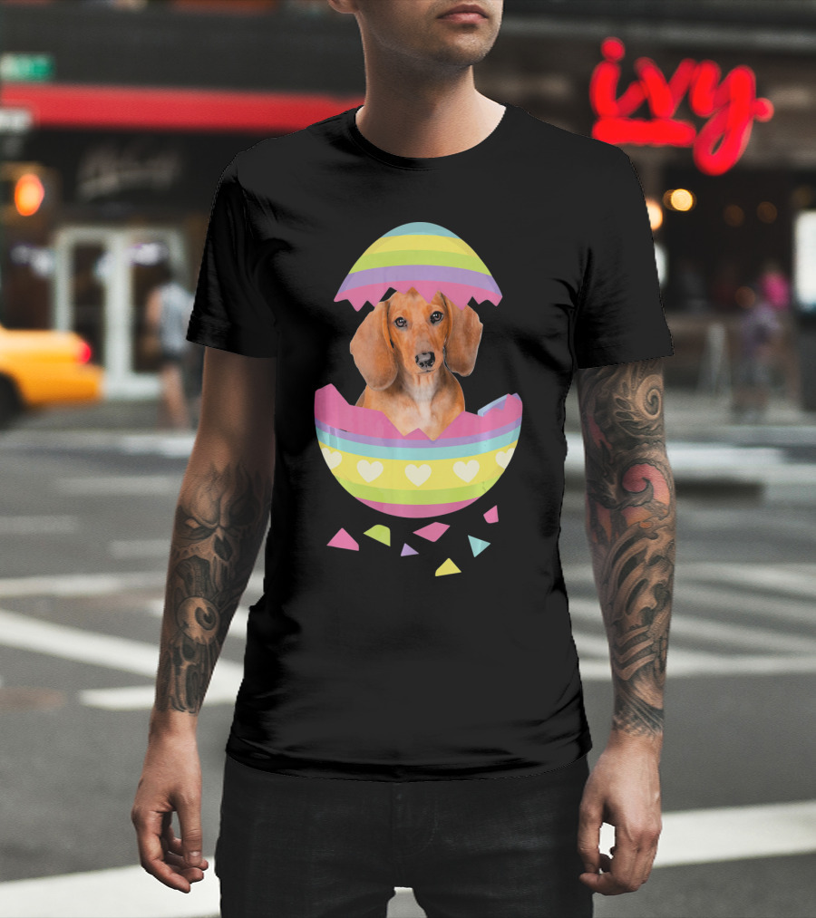 Dachshund In Colorful Easter Egg With Heart Stripes T-Shirt