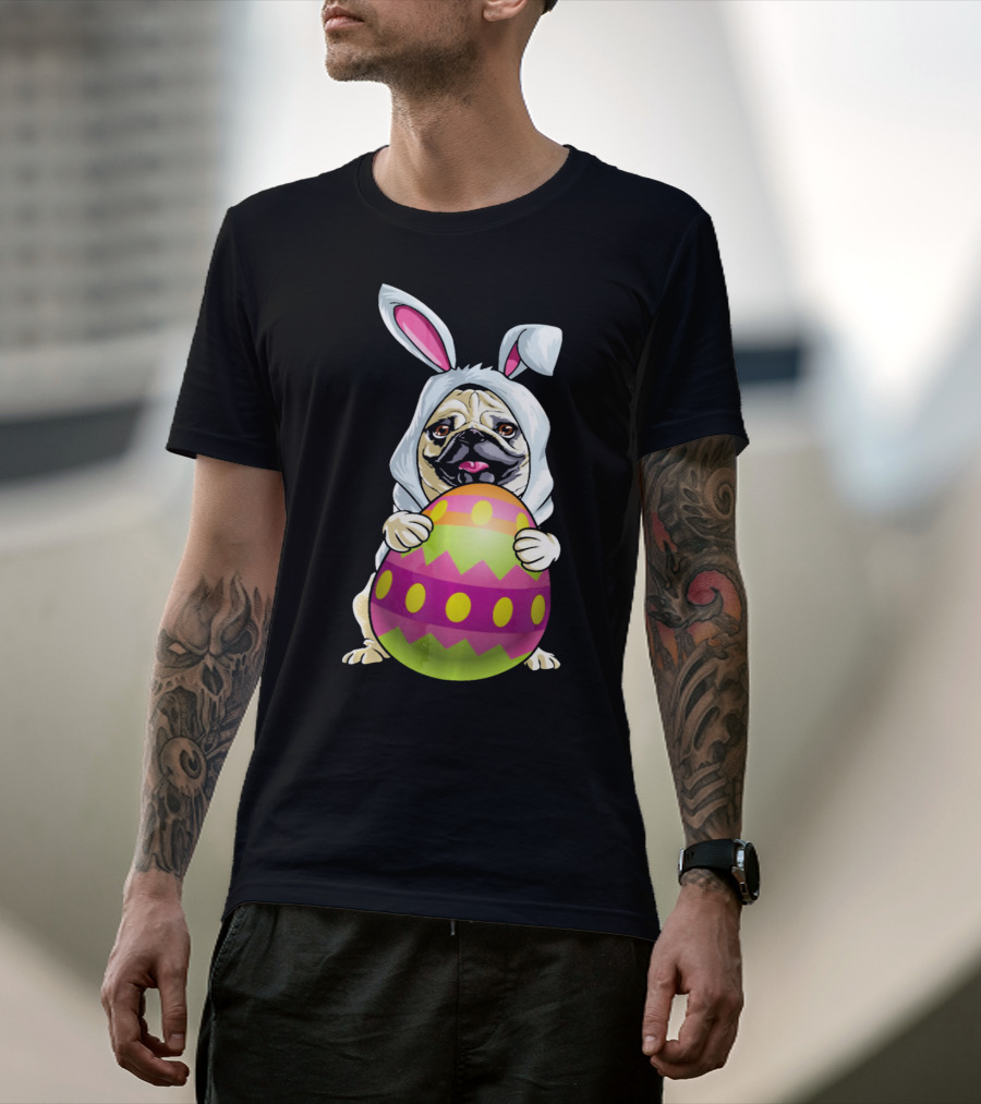 Pug Dressed As Easter Bunny Holding Colorful Easter Egg T-Shirt