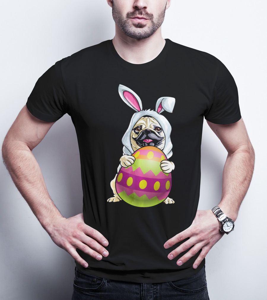 Pug Dressed As Easter Bunny Holding Colorful Easter Egg T-Shirt