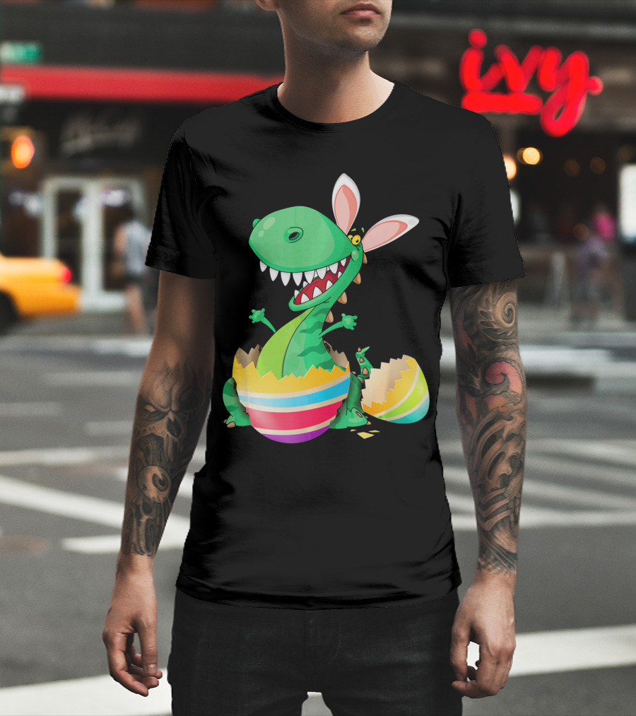 Easter Dinosaur Bunny Emerging From Striped Egg T-Shirt