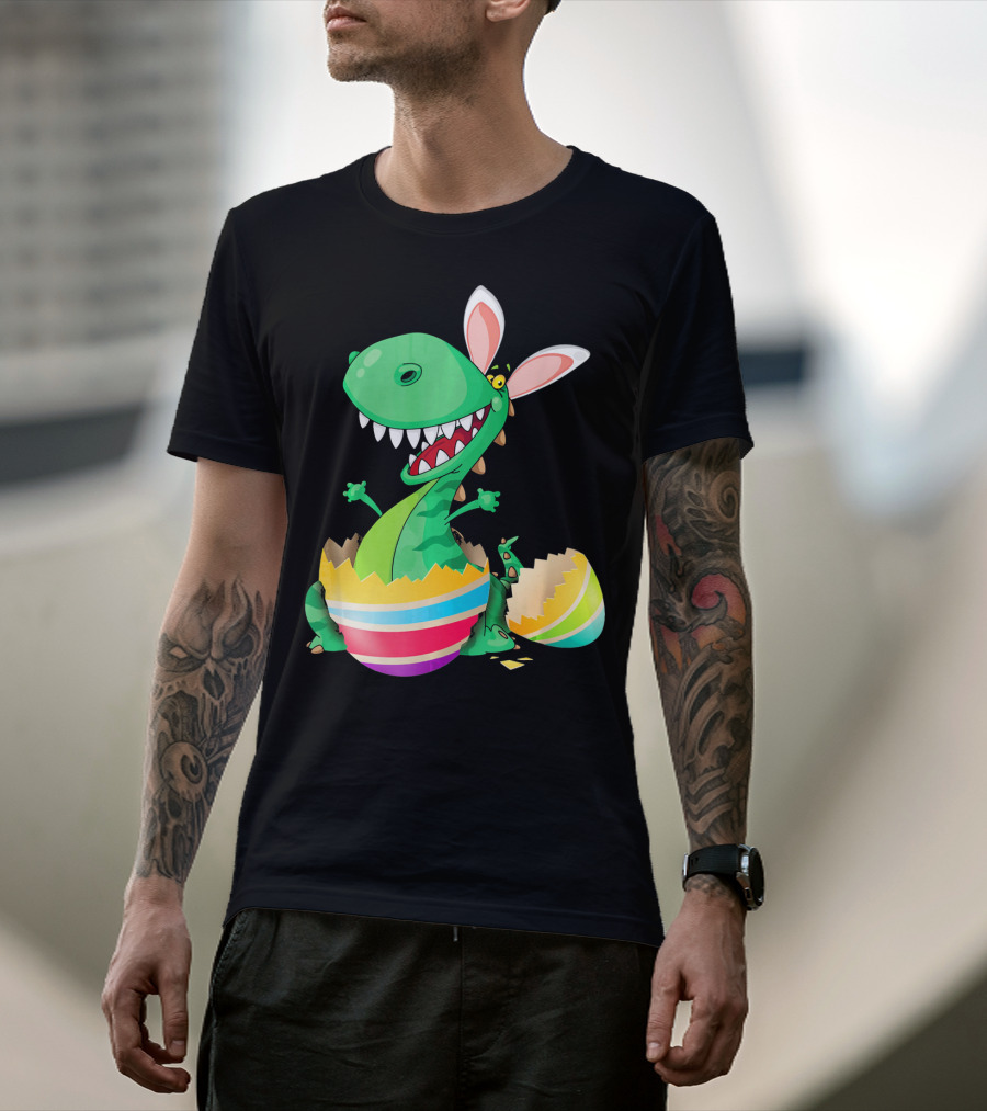 Easter Dinosaur Bunny Emerging From Striped Egg T-Shirt