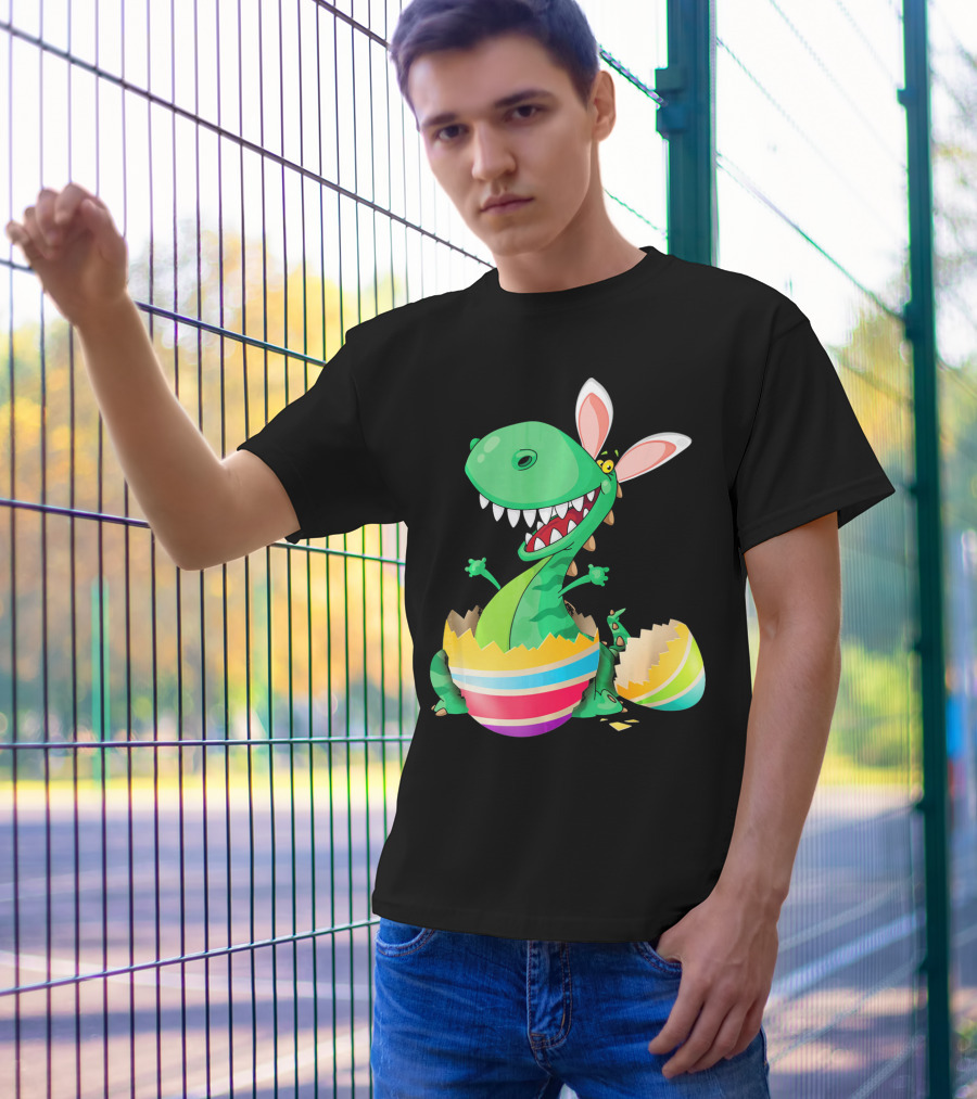 Easter Dinosaur Bunny Emerging From Striped Egg T-Shirt