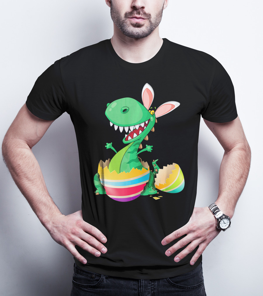 Easter Dinosaur Bunny Emerging From Striped Egg T-Shirt