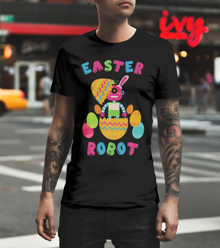Easter Robot Bunny With Colorful Eggs T-Shirt