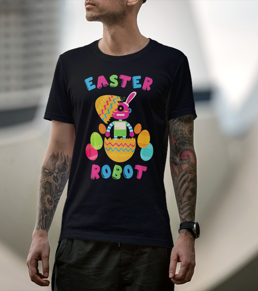 Easter Robot Bunny With Colorful Eggs T-Shirt