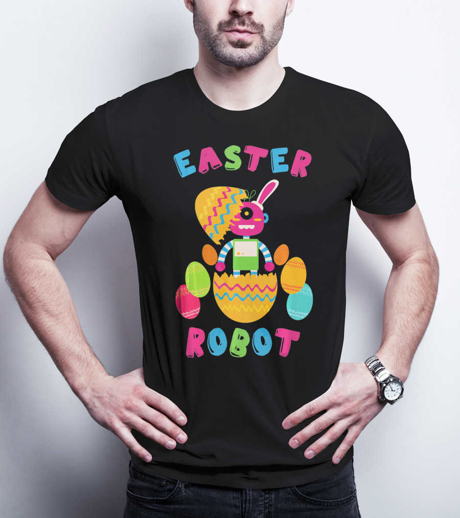 Easter Robot Bunny With Colorful Eggs T-Shirt