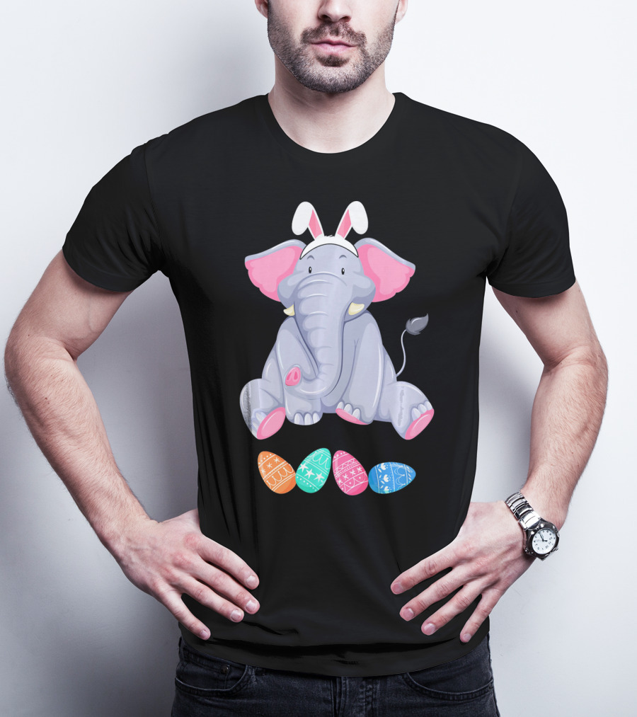 Funny Easter Elephant With Bunny Ears And Colorful Patterned Eggs T-Shirt
