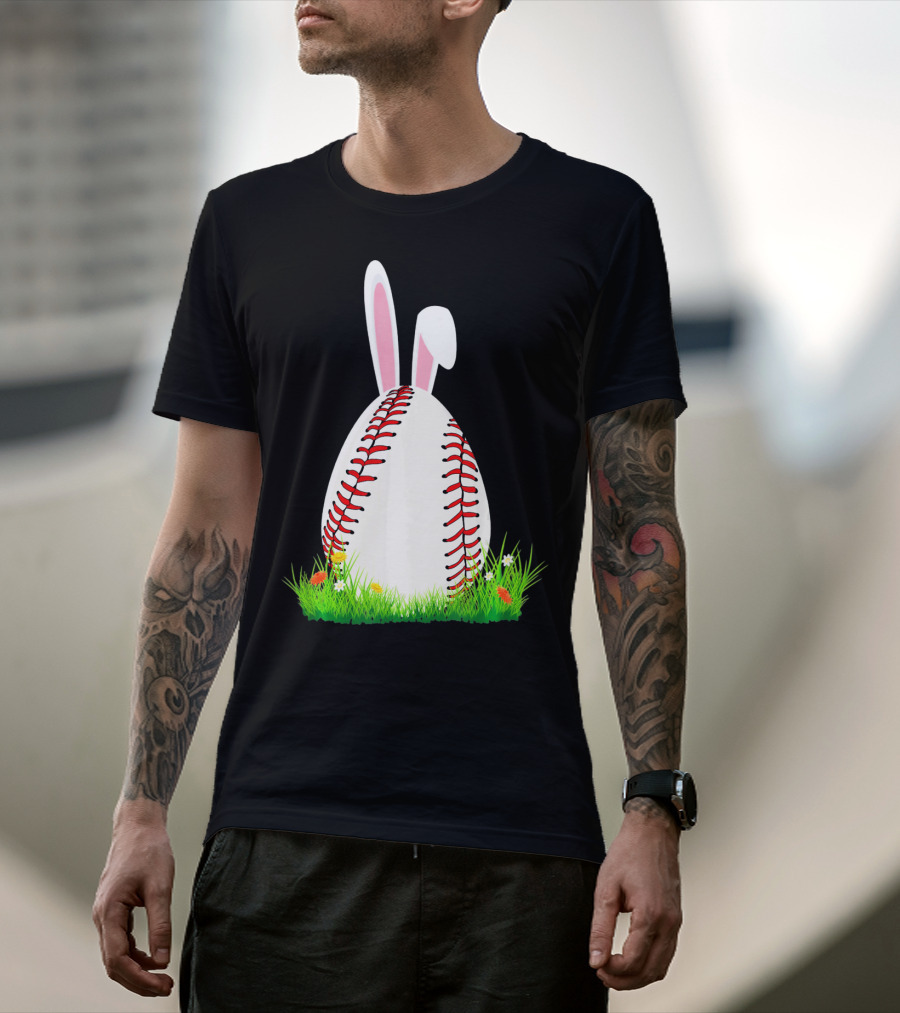 Cute Easter Bunny Baseball Egg With Ears On Grass T-Shirt
