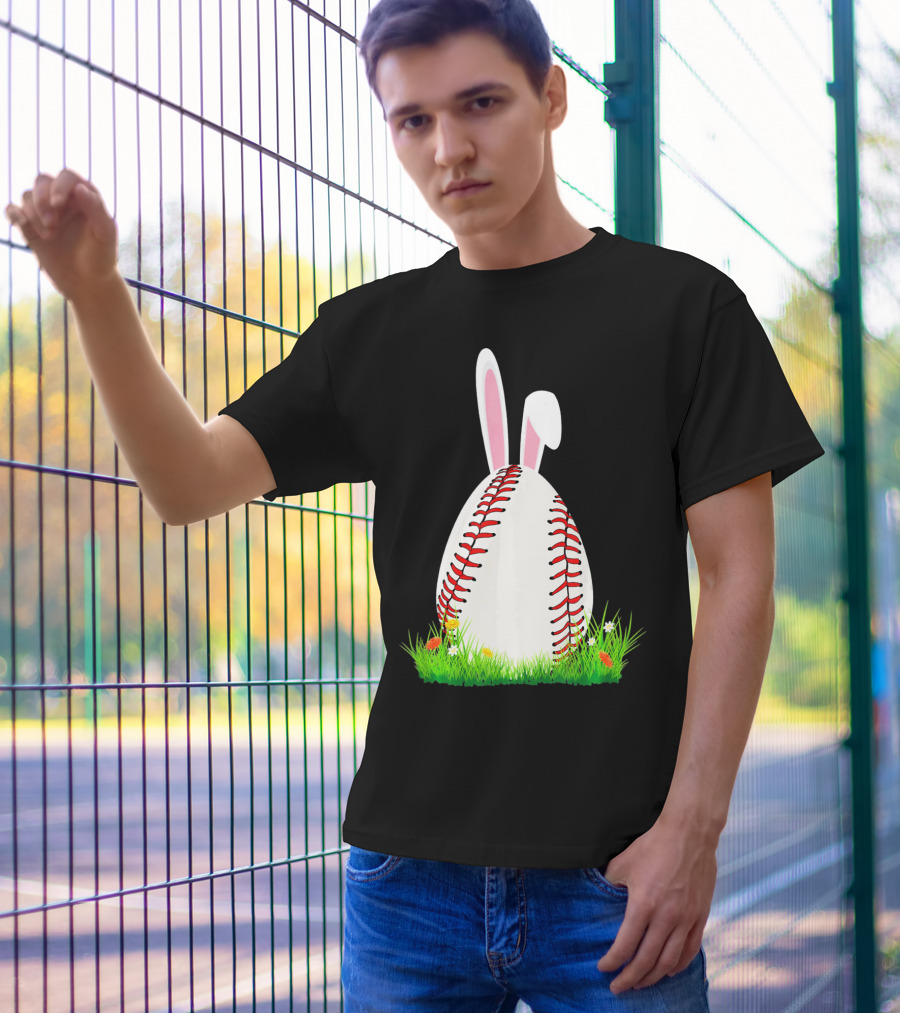 Cute Easter Bunny Baseball Egg With Ears On Grass T-Shirt